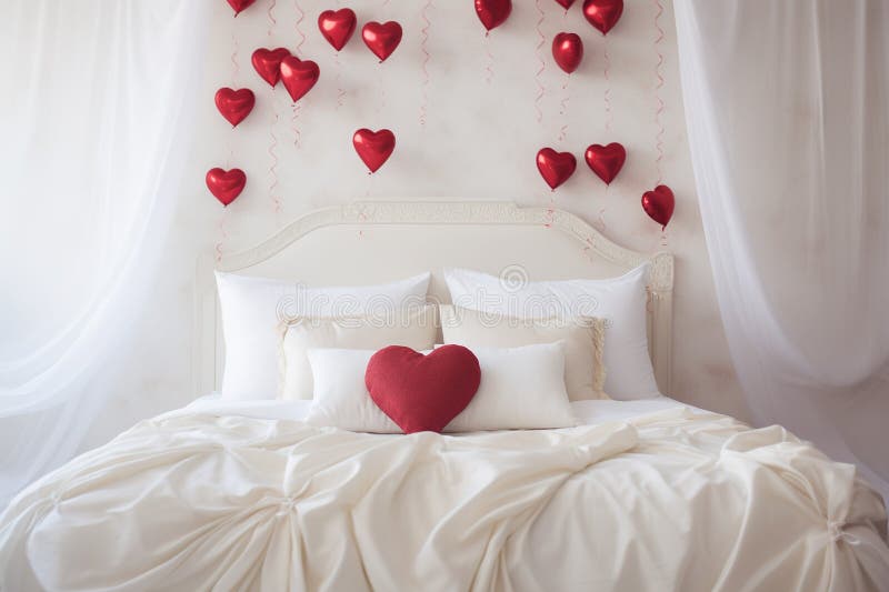 Red Heart Shaped Pillow on a White Bed in Romantic Hotel Room Interior ...
