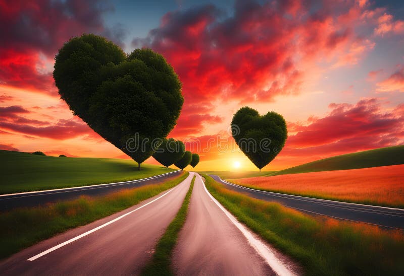 Red Heart Shaped Sky at Sunset. Beautiful Landscape with Road Stock ...