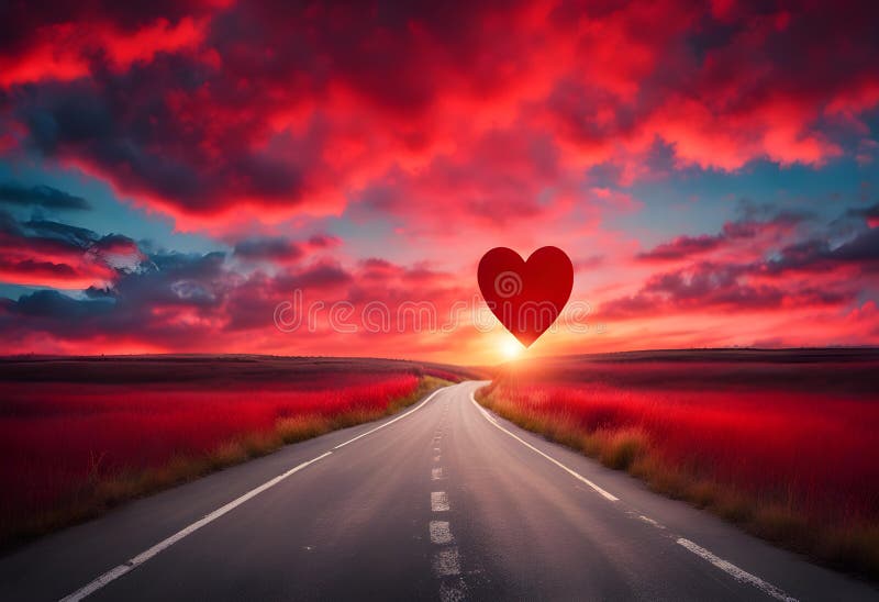 Red Heart Shaped Sky at Sunset. Beautiful Landscape with Road Stock ...