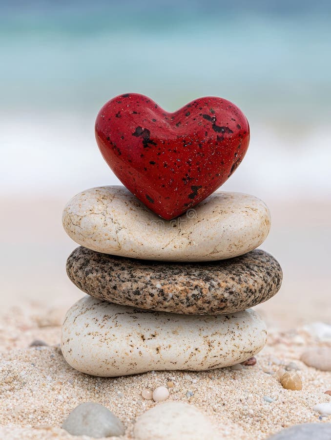Red Heart-shaped Stone on Stacked Rocks on Beach Stock Illustration ...