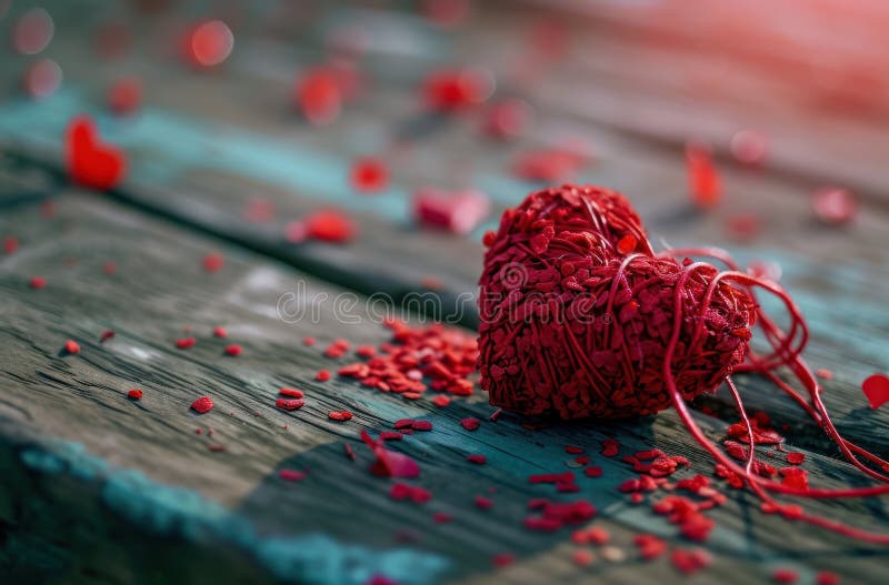 A Red Heart Shaped by String with Red Confetti Stock Image - Image of ...