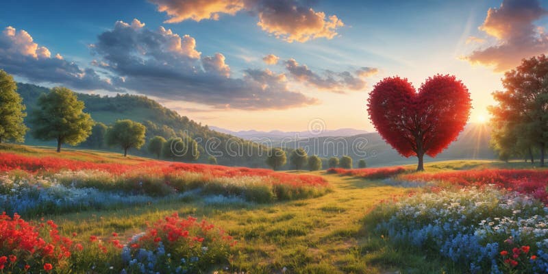 A Red Heart Shaped Tree at Sunset, Stock Illustration - Illustration of ...