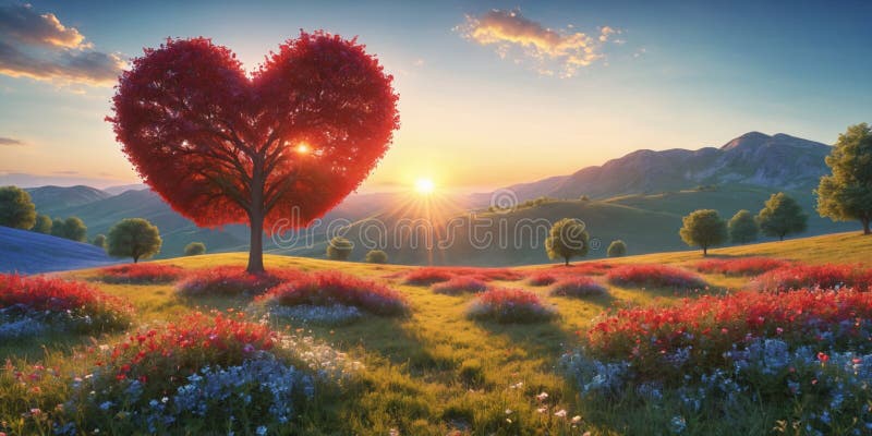 A Red Heart Shaped Tree at Sunset, Stock Illustration - Illustration of ...