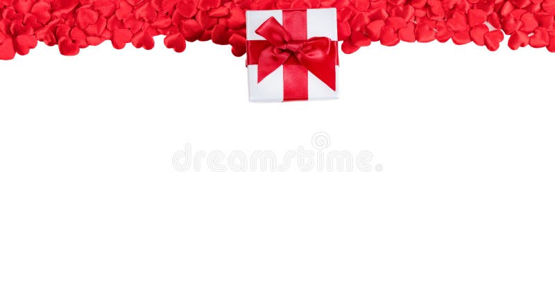 Red Heart Shapes and Gift Box Forming Upper Border on Bright White ...
