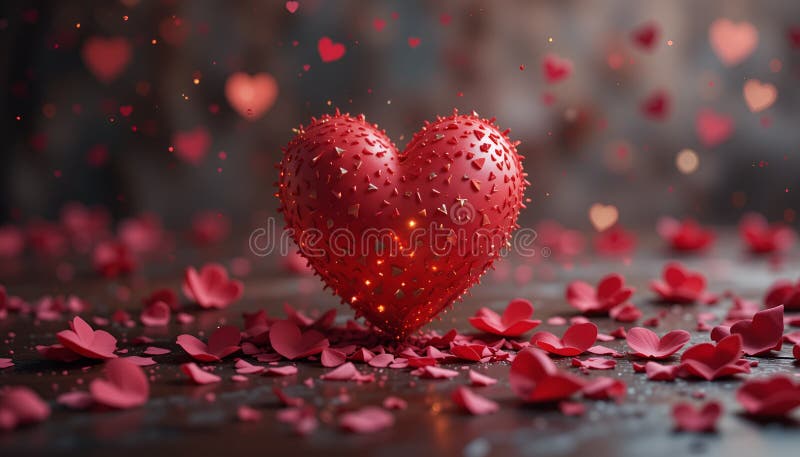 A Red Heart with Sharp Edges Surrounded by Many Flower Petals. it Glows ...