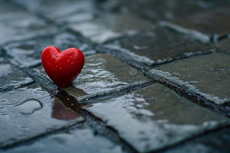 A Red Heart Sits on a Stone Path in the Rain, Created by Generative AI ...