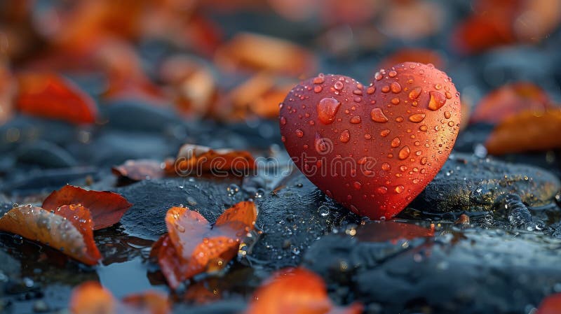 A Red Heart is Sitting on the Ground with Water Droplets Stock Image ...