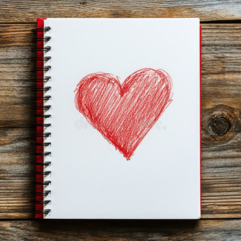 Simple Heart Drawing on Blank Notebook Page with Colored Pencils Ready ...