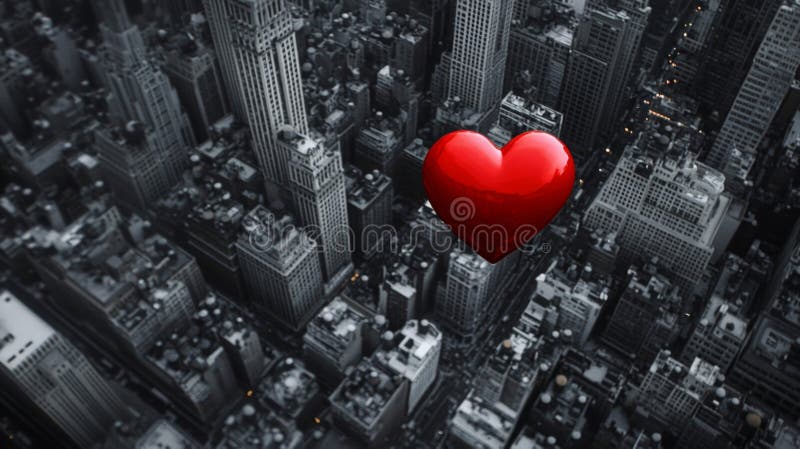 Red Heart Soaring Above a Monochromatic Cityscape Stock Illustration ...