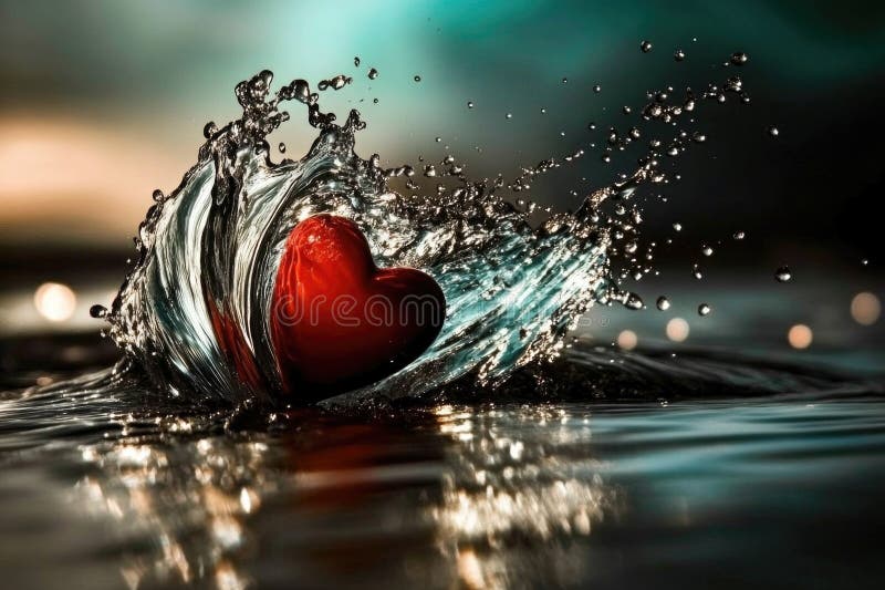 Red Heart Splashing in Water with Dramatic Lighting and Reflections ...