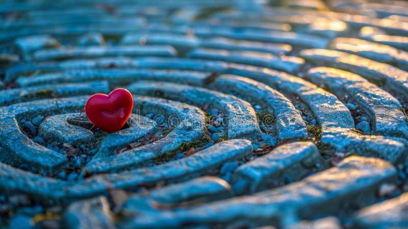 Red Heart on Stone Labyrinth Path at Sunset Stock Photo - Image of ...