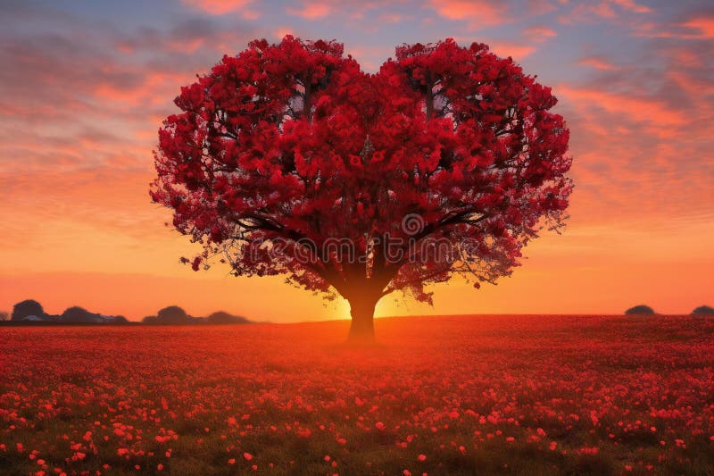 Red Heart Tree on the Meadow at Sunset, Love Concept Stock Illustration ...