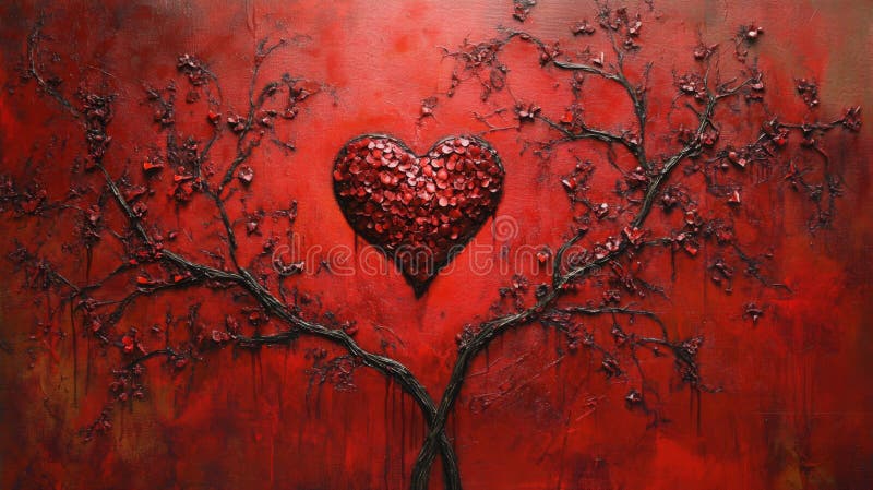 Red Heart between Two Trees, Abstract Romantic Painting Stock ...