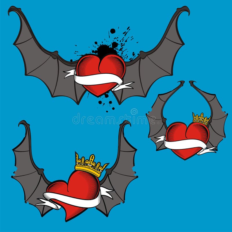 Red Heart Winged Bat Tattoo Set Crown7 Stock Illustration ...