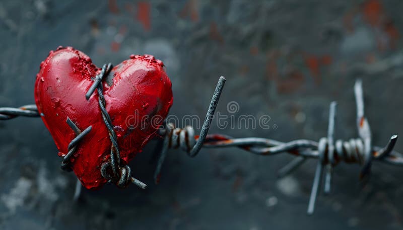 Red Heart is Wrapped in Barbed Wire, Dark Background Concrete Copy ...