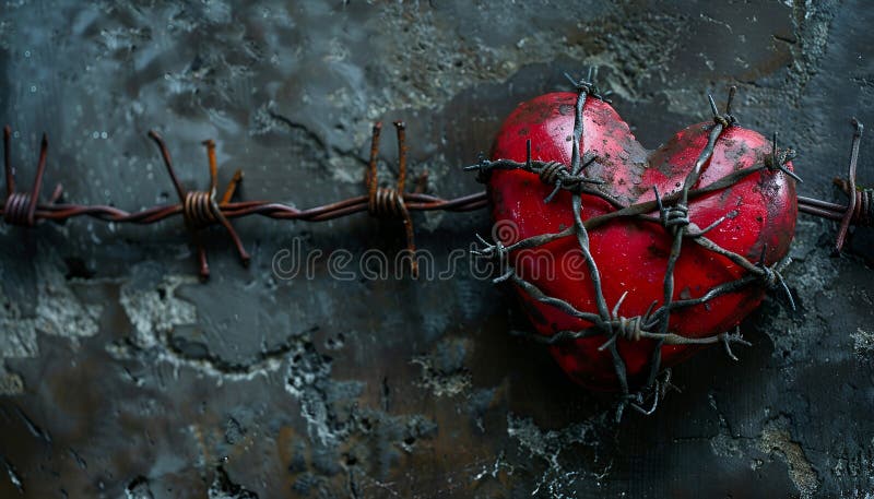 Red Heart is Wrapped in Barbed Wire, Dark Background Concrete Copy ...