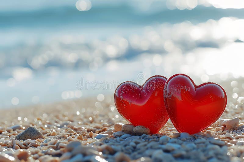 Red Hearts on the Beach, AI Generated Stock Illustration - Illustration ...