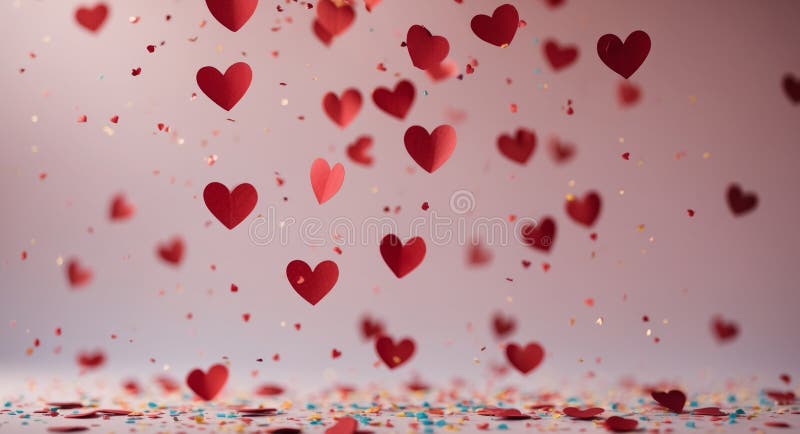 Red Hearts Falling on Pink Background with Confetti Stock Image - Image ...