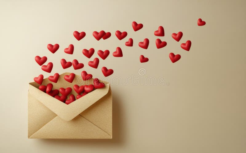 Red Hearts Flying Out of an Open Envelope on a Beige Background ...