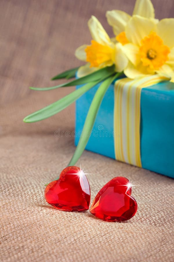 Red Hearts with Gift Box and Flowers Stock Image - Image of yellow ...