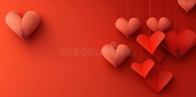 Red Hearts Hanging on Strings, Romantic Decoration with Folded Paper ...