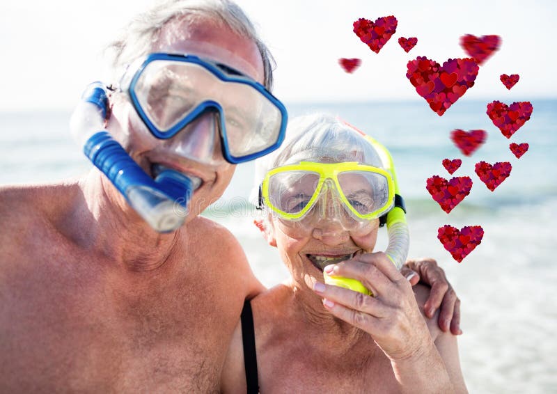 Red Hearts and Happy Senior Couple Scuba Diving Stock Photo - Image of ...