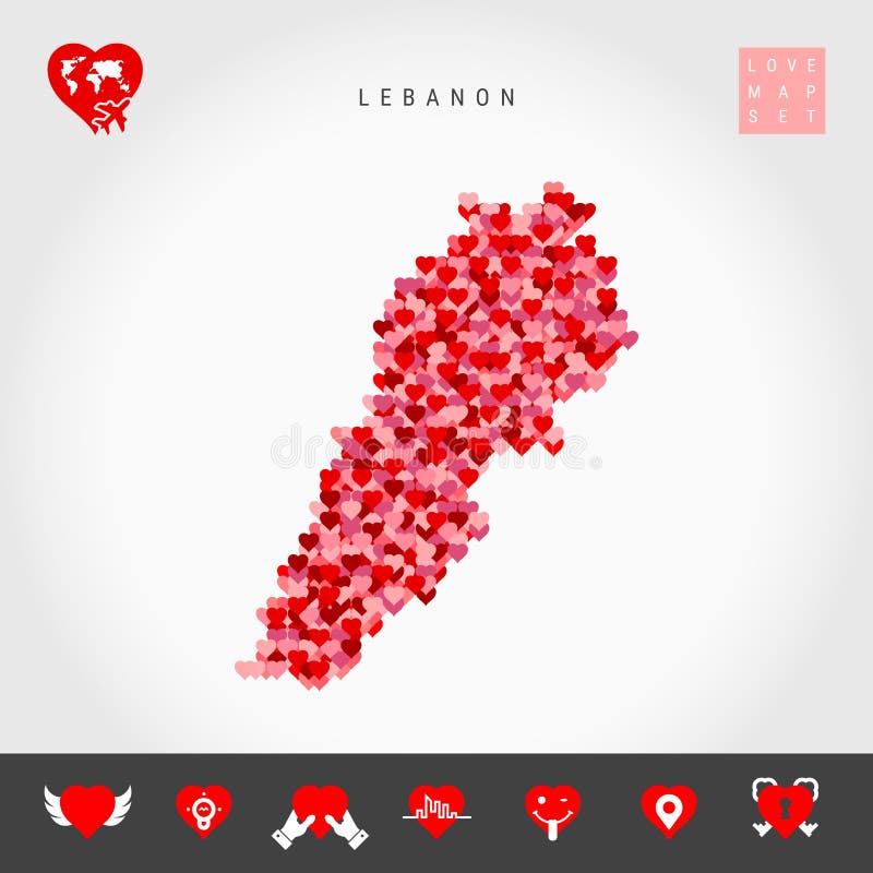 Red Hearts Pattern Vector Map of Lebanon. Love Icon Set Stock ...