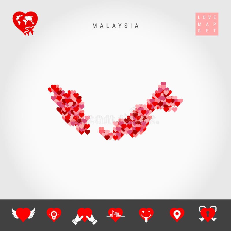 Red Hearts Pattern Vector Map of Malaysia. Love Icon Set Stock ...