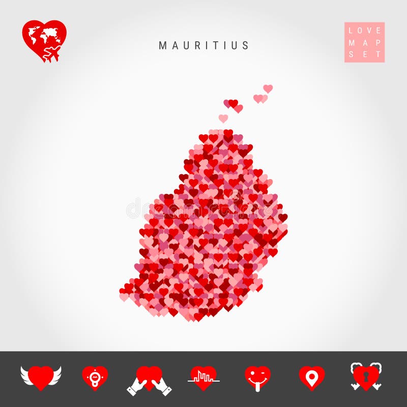 Red Hearts Pattern Vector Map of Mauritius. Love Icon Set Stock ...