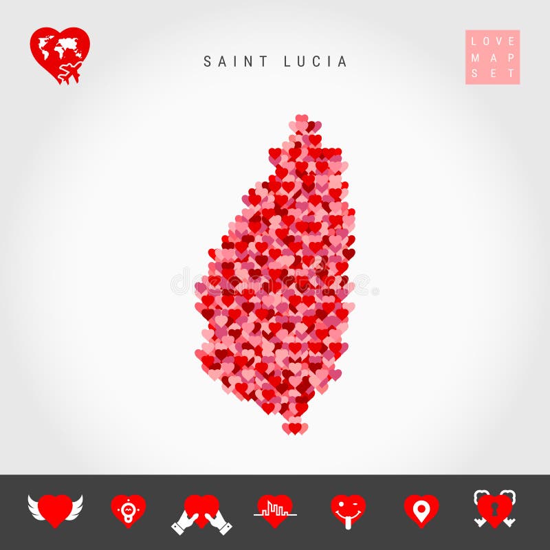 Red Hearts Pattern Vector Map of Saint Lucia. Love Icon Set Stock ...