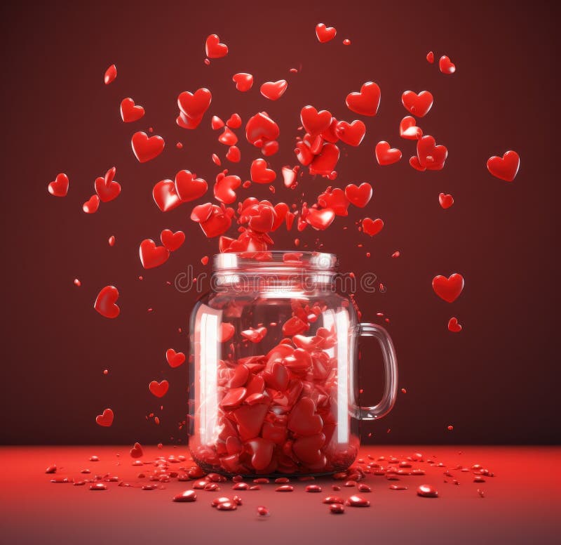 Red Hearts Pouring from a Clear Jar on Red Background Stock Photo ...