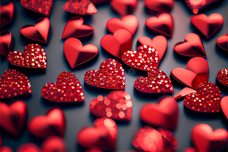 Red Hearts, Similar To Diamonds, on a Black Table are Out of Focus ...