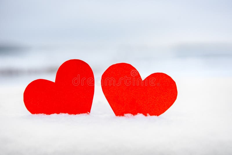 Red Hearts in Snow in Winter. Love Concept. Stock Image - Image of ...