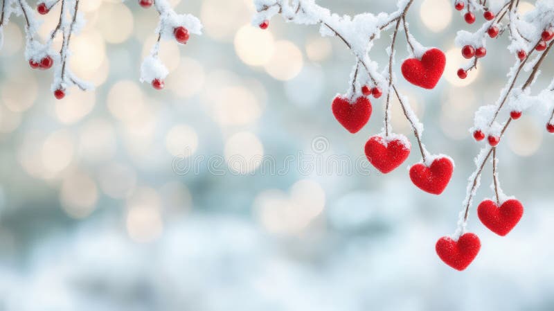 Red Hearts on Snowy Branches in a Winter Wonderland Setting, AI ...