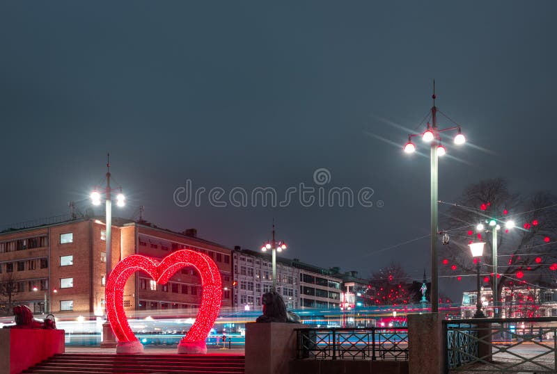 Red Hearts on Trees, Light Illuminations, Love, Night Stock Photo ...