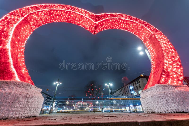 Red Hearts on Trees, Light Illuminations, Love, Night Stock Image ...