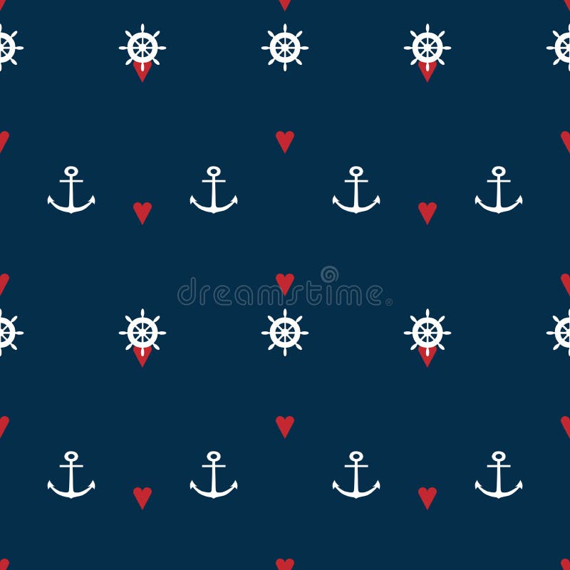 Red Hearts Wheels and Anchors on Navy Blue Background Vector Seamless ...