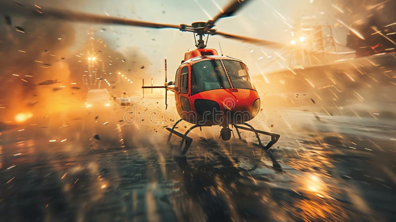 A Red Helicopter Flies through a City in a Fiery and Intense Setting ...