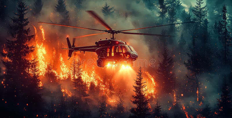 Red Helicopter is Flying Over a Forest Fire Stock Image - Image of ...