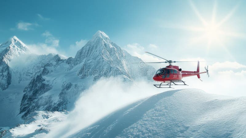 Red Helicopter Flying Over Snow-Covered Mountain Peaks Stock ...