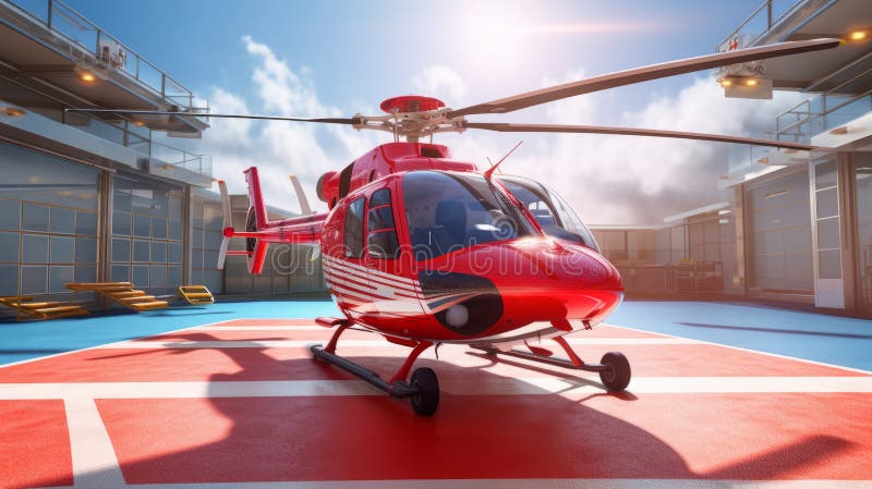 A Red Helicopter on a Helipad with Sun Rays. Air Medic. Generative AI ...