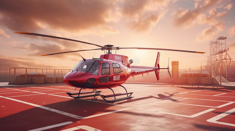 A Red Helicopter on a Helipad with Sun Rays. Generative AI. Stock ...