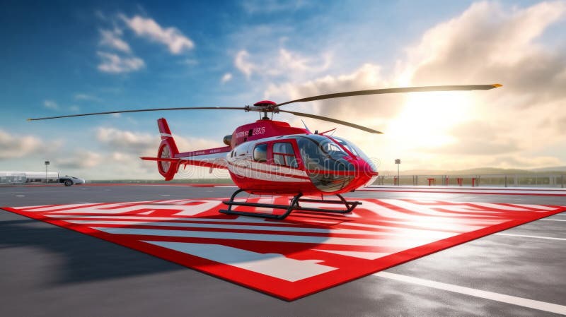 A Red Helicopter on a Helipad with Sun Rays. Generative AI. Stock ...