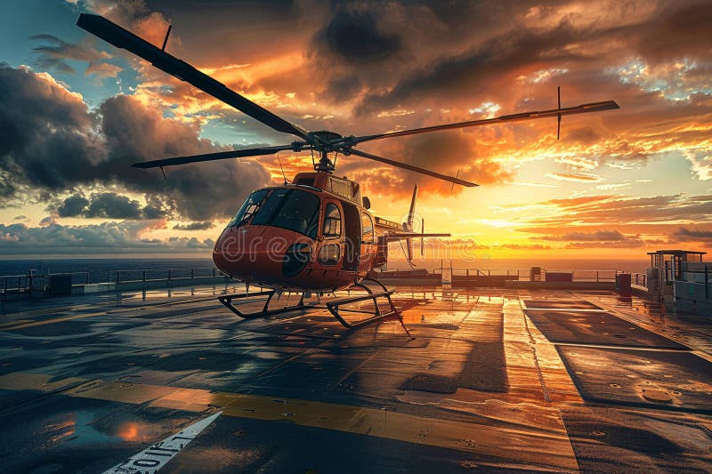 Red Helicopter on the Helipad on Sunset Stock Illustration ...