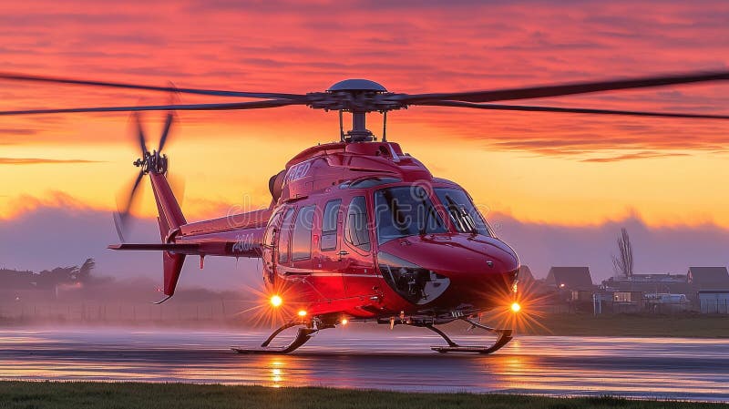 Red Helicopter Landing on Runway at Dusk Stock Illustration ...