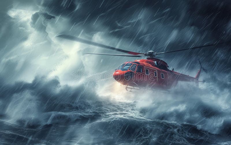 A Red Helicopter Navigates through a Dramatic Storm, Surrounded by ...