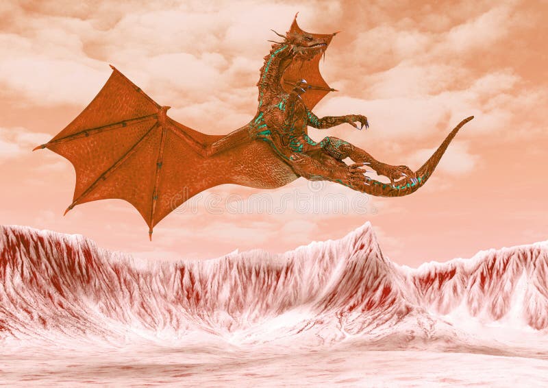 Red Hell Dragon Passing by on Hot Land Side View Stock Illustration ...