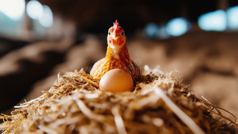 Red Hen Brooding on an Egg in a Straw Nest Inside a Chicken Coop ...