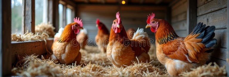 Red Hens in Cozy Barn: Happy Chickens on Straw Bedding in Rustic Farm ...