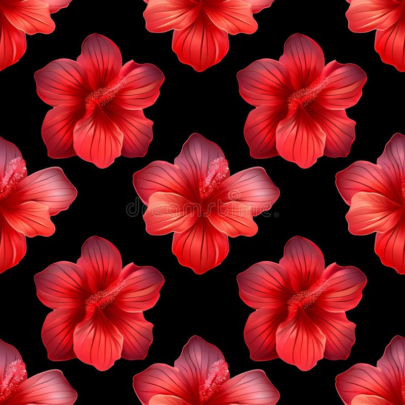 Red Hibiscus Flower Pattern on Black Stock Illustration - Illustration of bright, tropical ...
